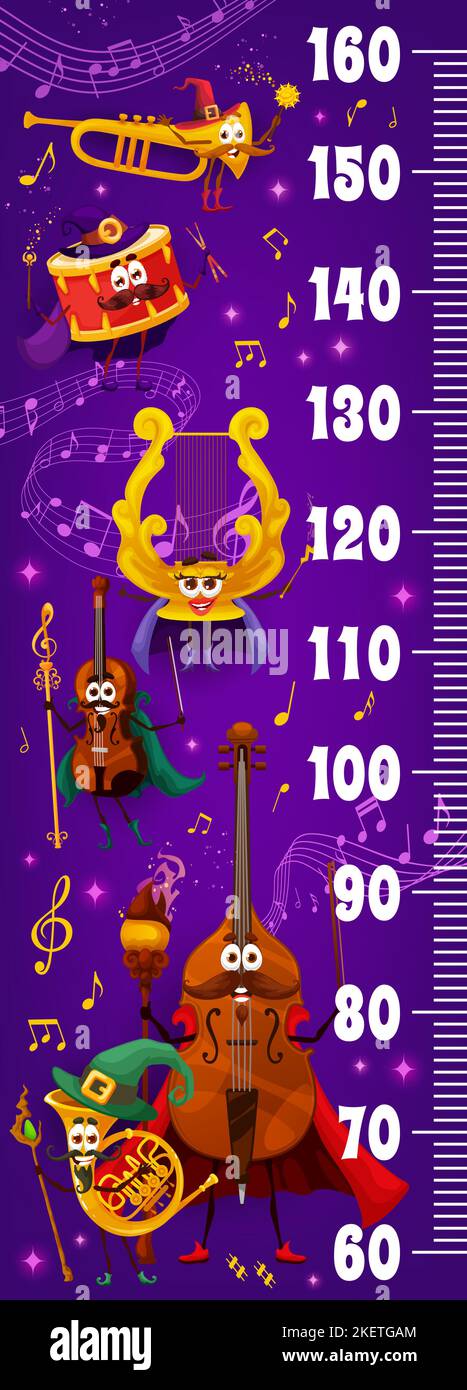 Kids height chart ruler. Wizard and fairy musical instrument characters ...