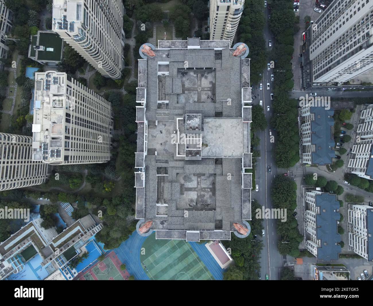 Aerial photos show two quadrangle courtyards with four Kylin statues on ...