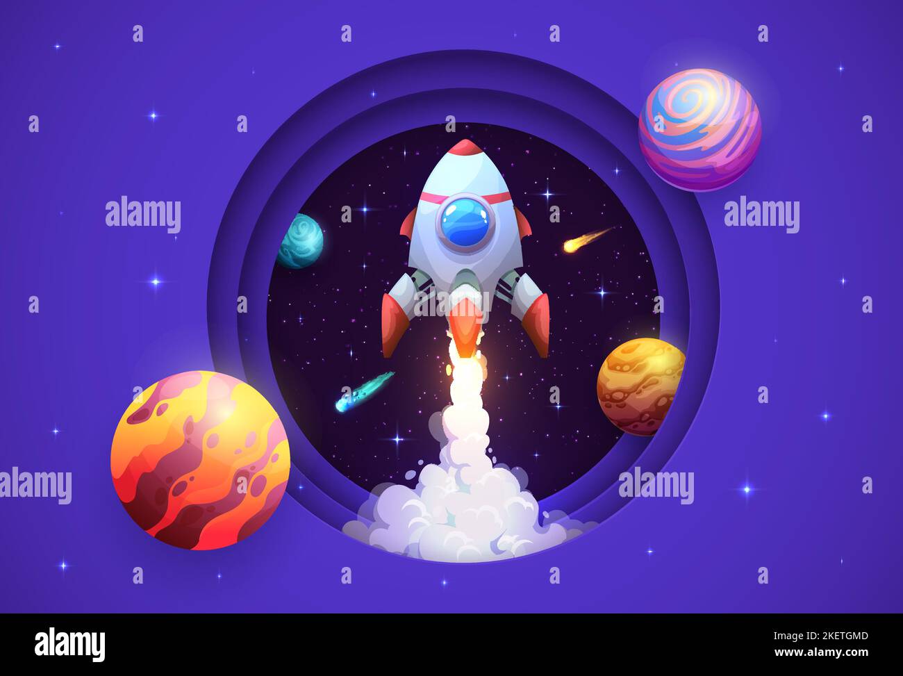 Space paper cut rocket launch and galaxy planets. Vector 3d layered ...
