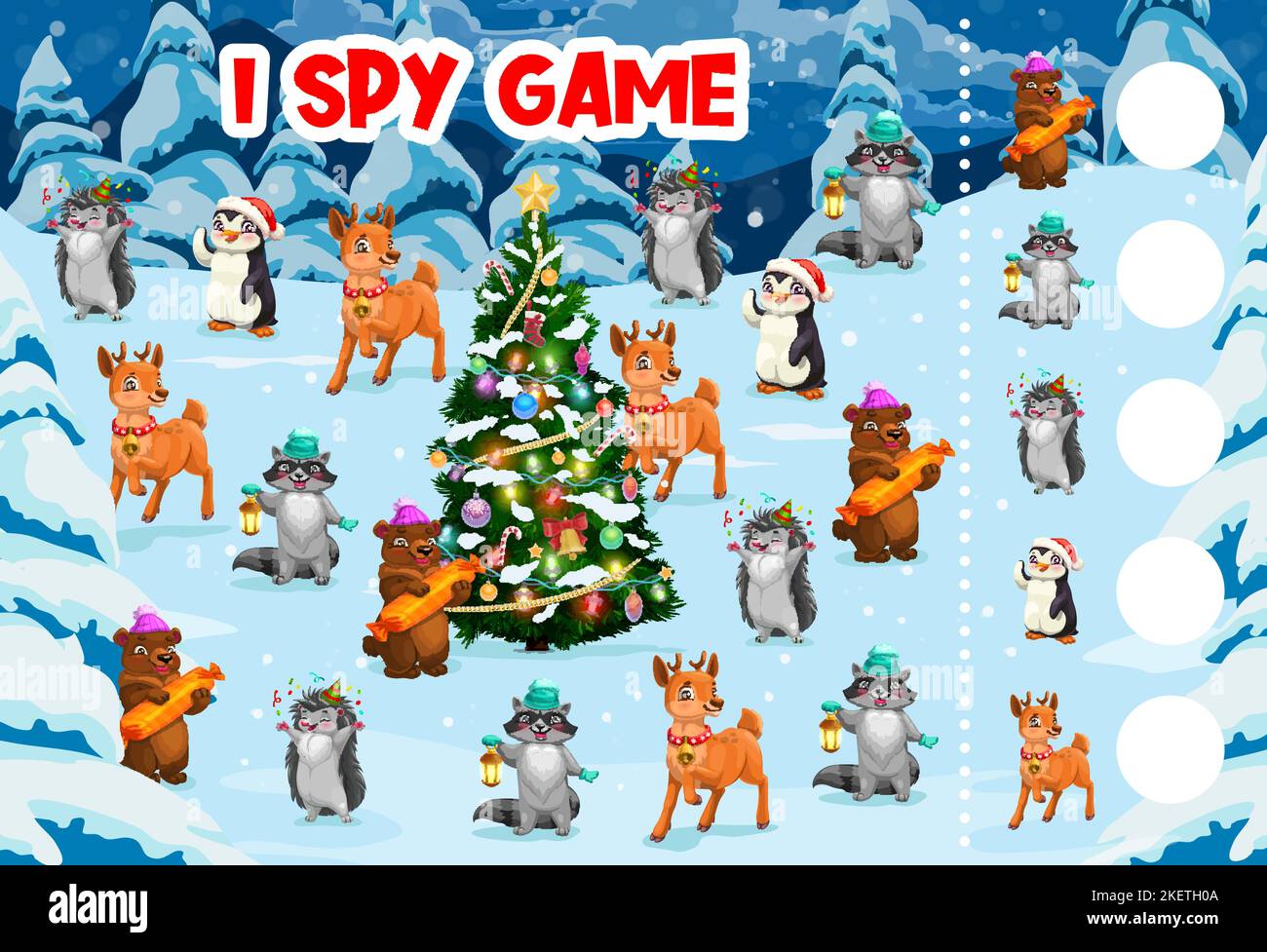Christmas I spy game, cartoon cute animals on winter holidays, vector ...