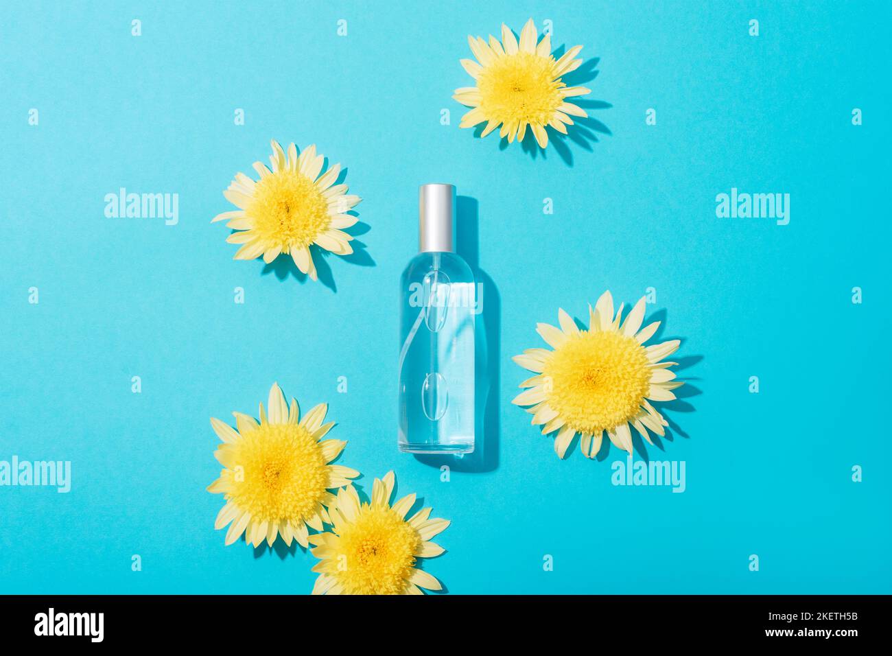 Cosmetic bottle with tonic and yellow chrysanthemums on blue background ...