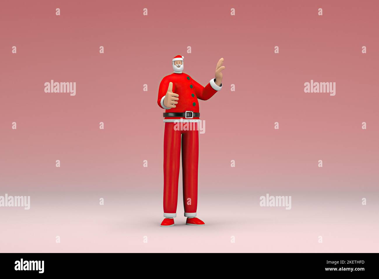A man wearing Santa Claus costume. He is expression of hand when ...