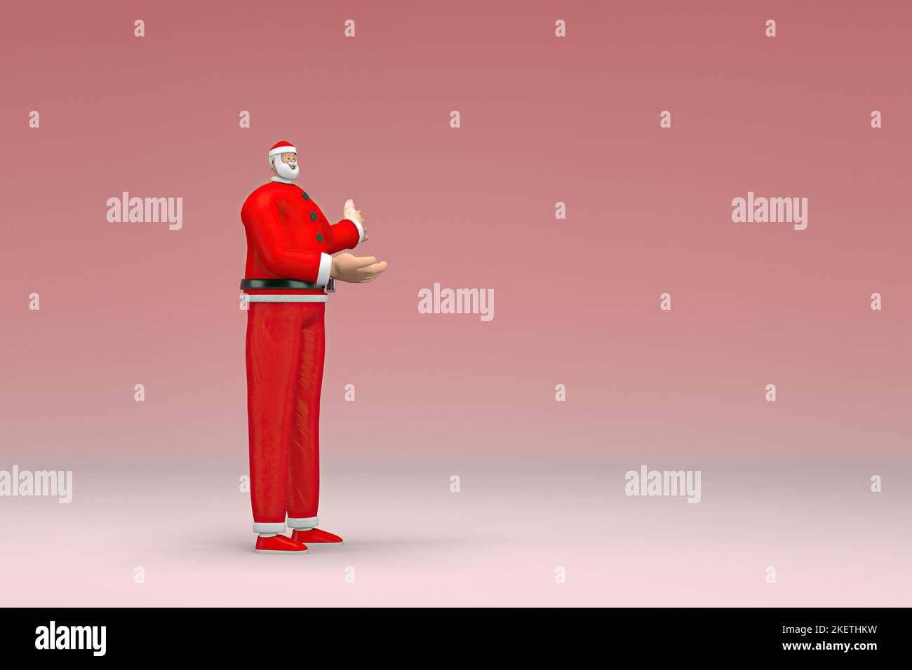 A man wearing Santa Claus costume. He is expression of hand when ...