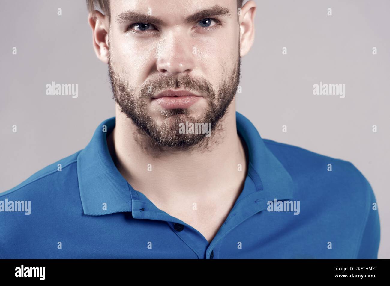 Guy with beard and mustache. Bearded man with healthy young skin. Macho ...
