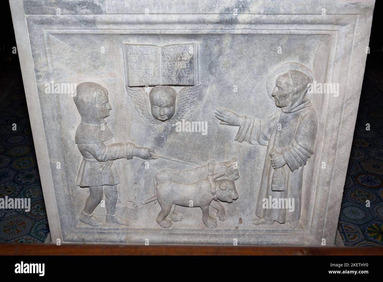 St. Columbanus submits to the yoke a bear with an ox - Sarcophagus of ...
