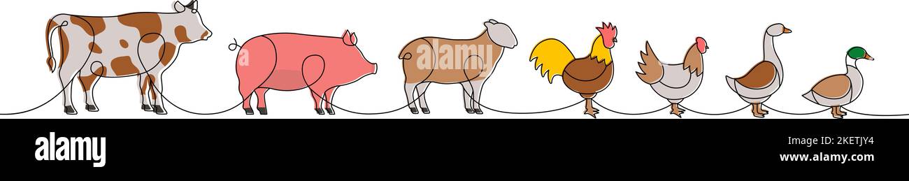 Farm animals colored one line continuous drawing. Cow, Pig, Sheep ...