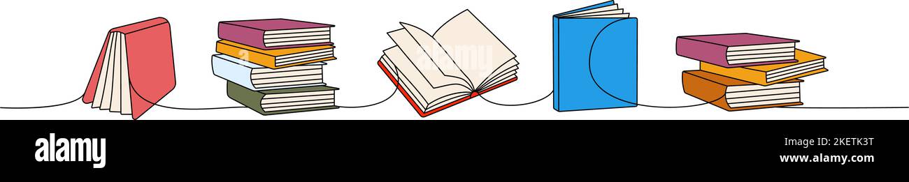 Set of books one line colored continuous drawing. Bookstore, library ...