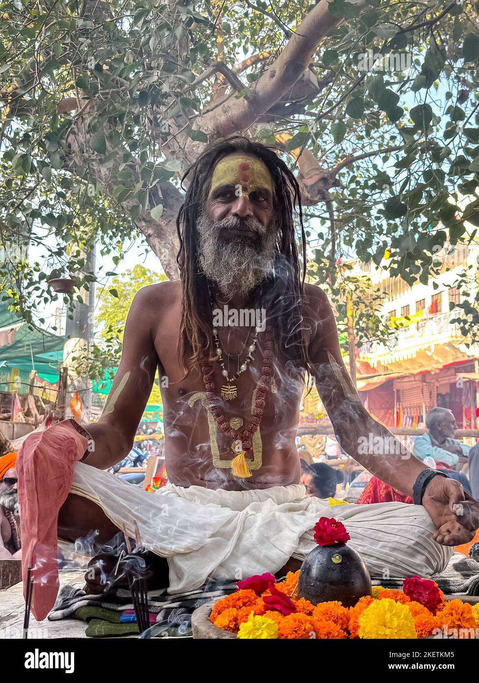 Pushkar, Rajasthan, India - November 2022: Portrait of an old sadhu baba on the street of ...