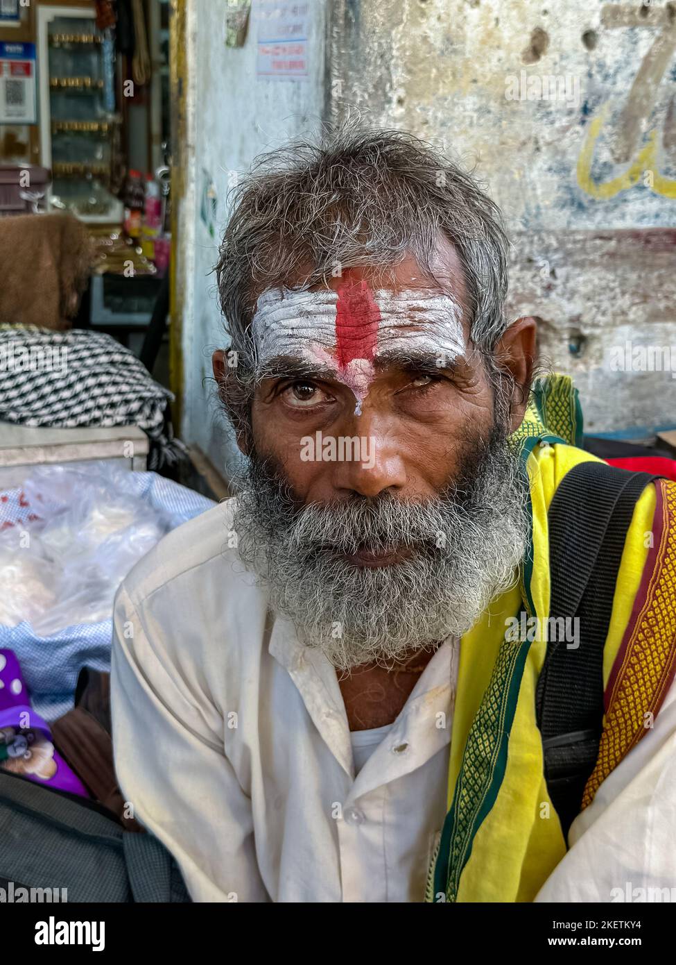 Pushkar, Rajasthan, India - November 2022: Portrait of an old sadhu ...