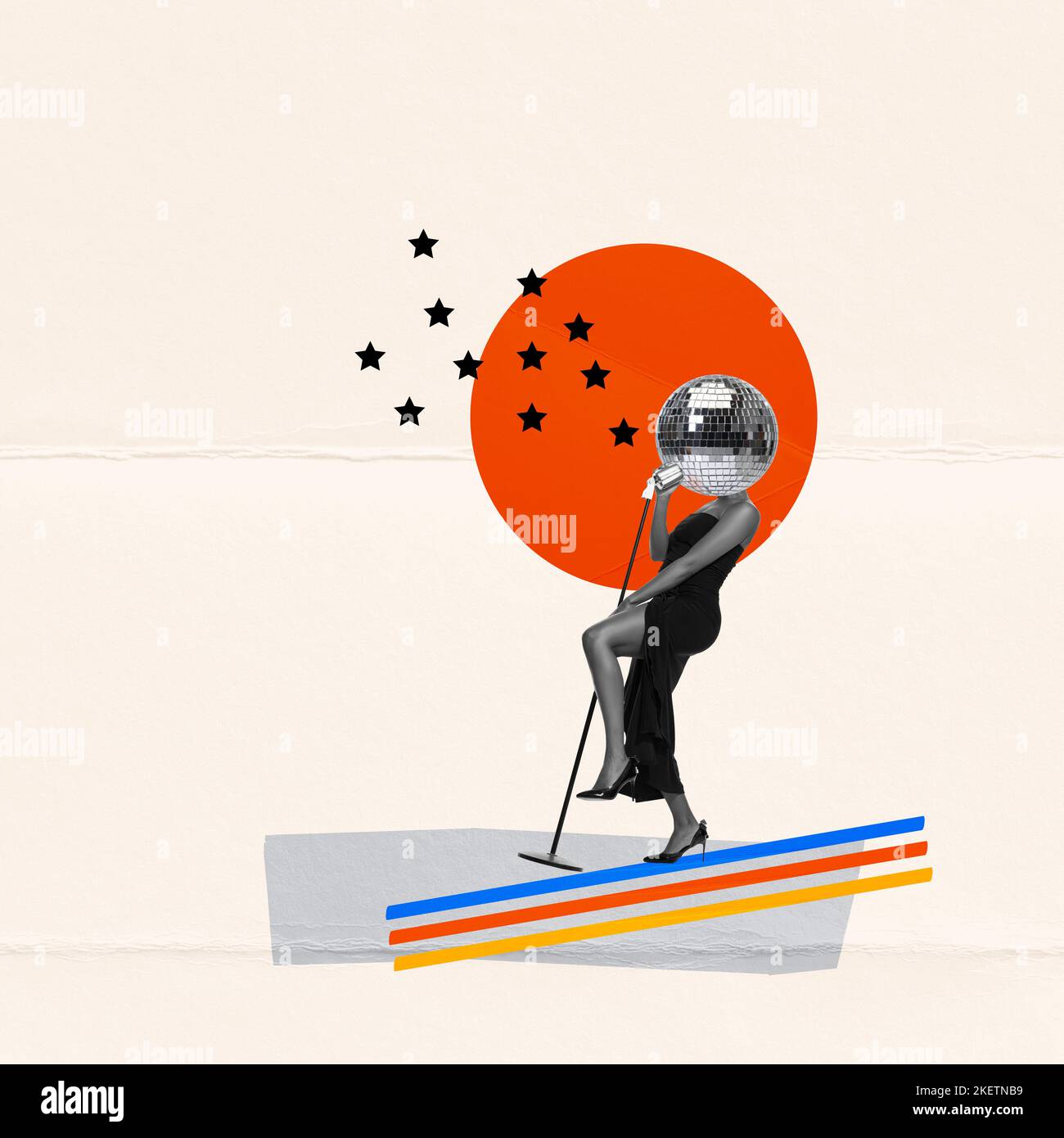 Contemporary art collage with stylish singer headed of disco ball ...