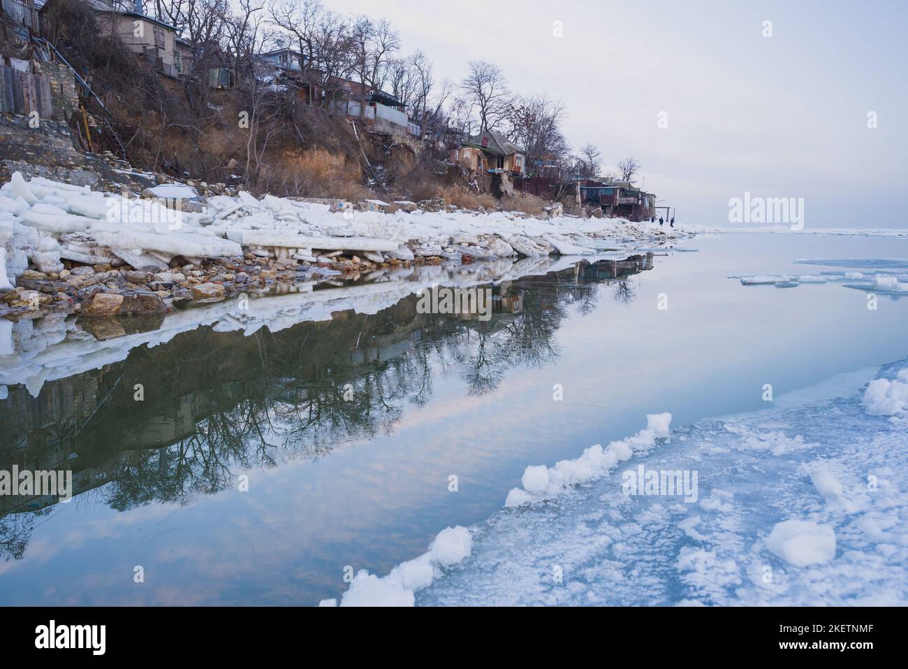 The frozen winter Azov sea on the beach of Taganrog city, Rostov region ...