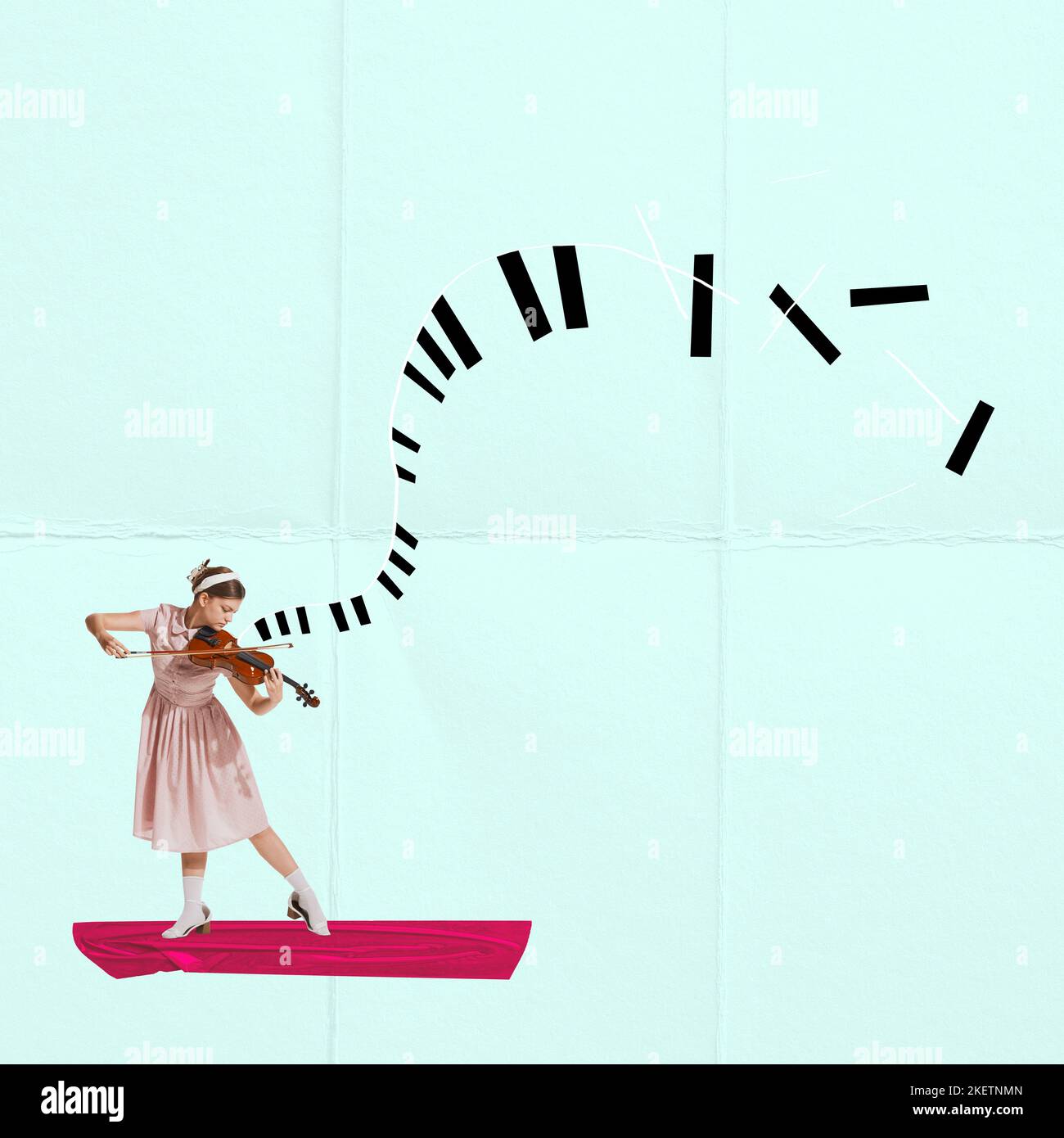 Contemporary art collage. Tender young woman playing violin. Classical ...