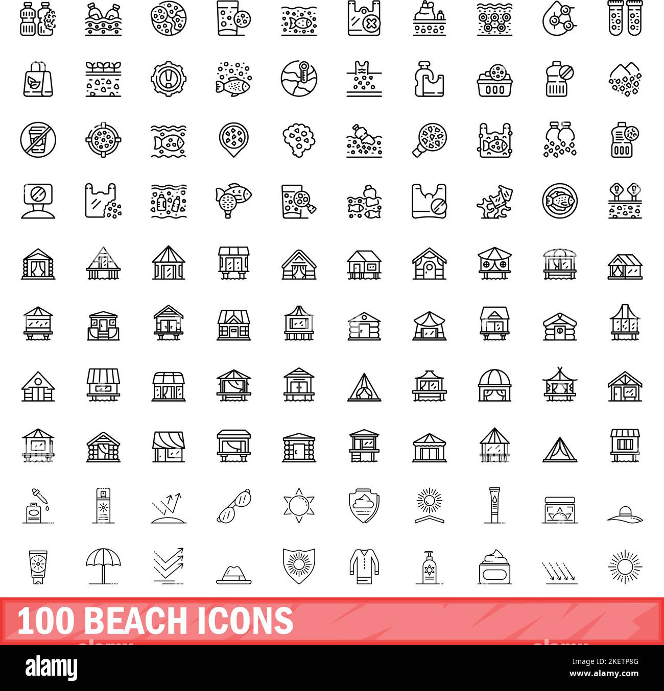 100 beach icons set. Outline illustration of 100 beach icons vector set ...