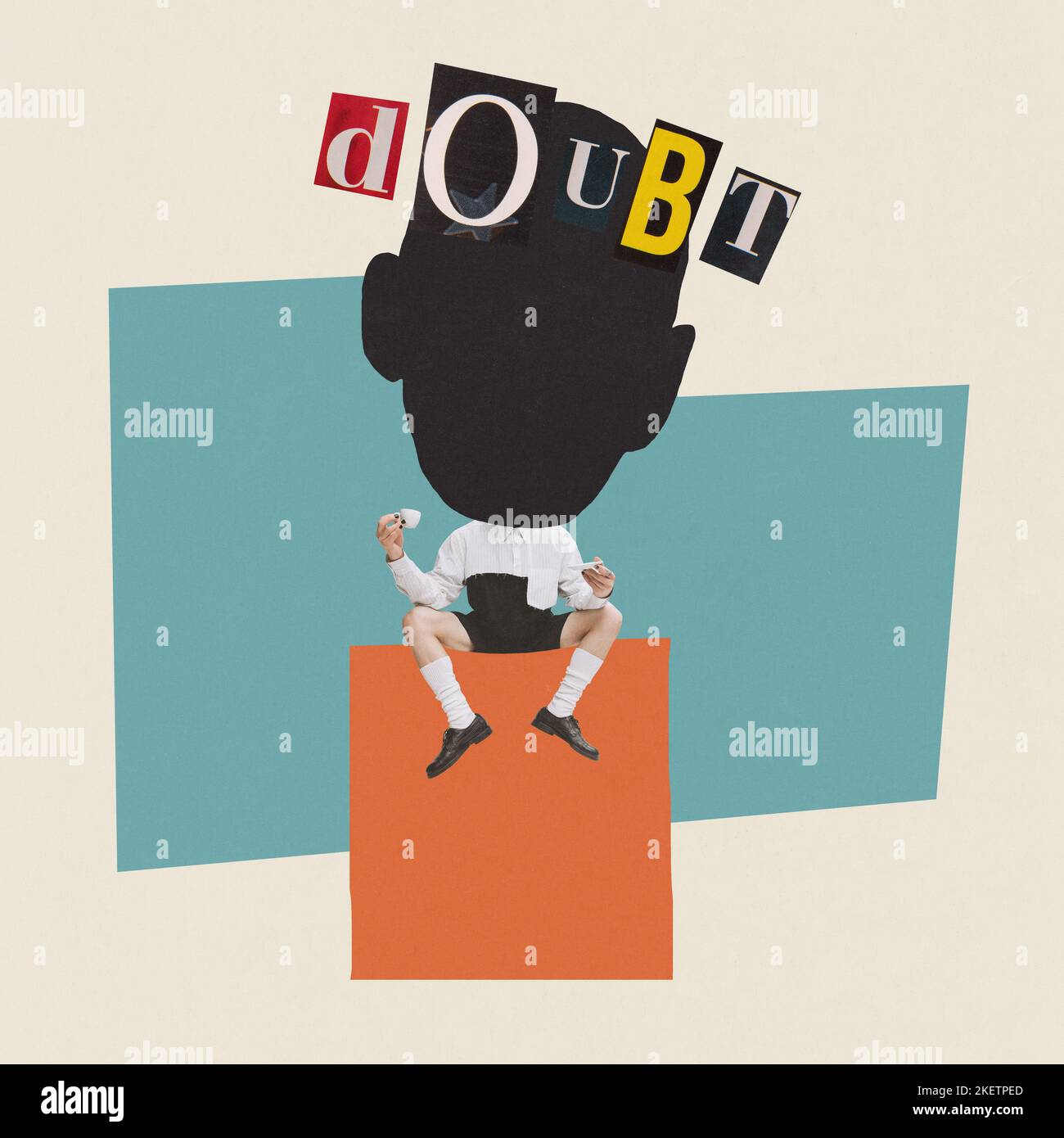 Contemporary art collage. Conceptual image. Young man sitting and ...