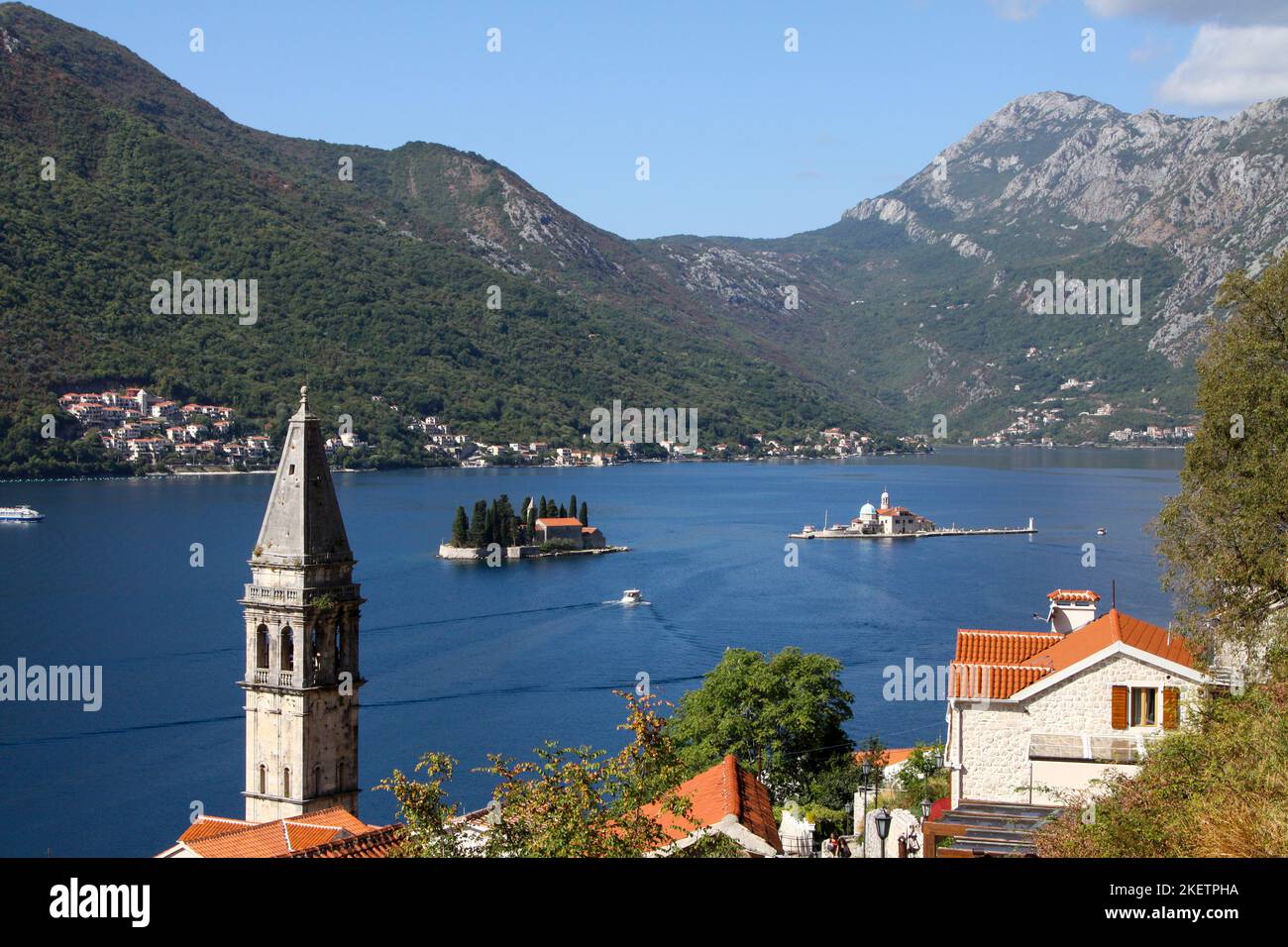 Montenegro, Perast, view on the Kotor Bay and Sveti Dorde Island Stock ...
