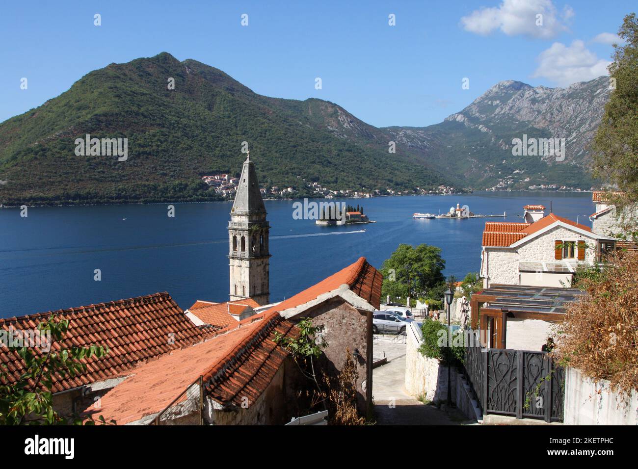 Montenegro, Perast, view on the Kotor Bay and Sveti Dorde Island Stock ...