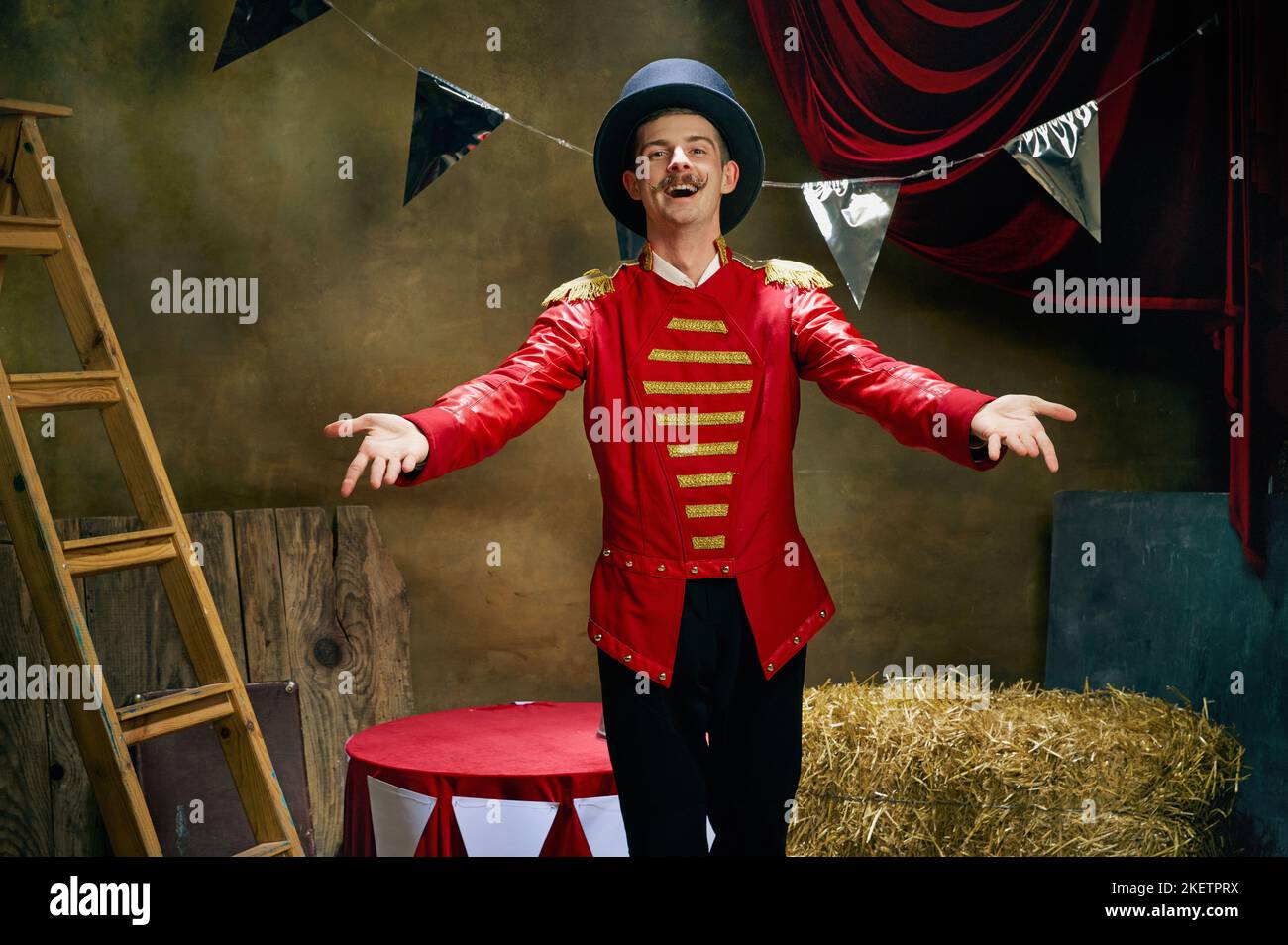 Greeting. Illusionist or showman. Happy excited man, retro circus ...
