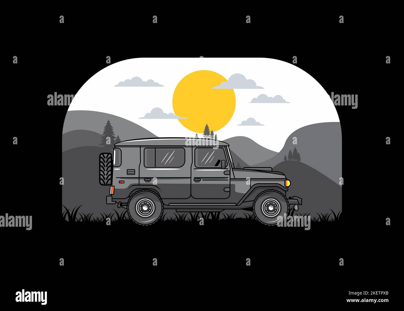 Off road car infront of mountain landscape illustration design Stock ...