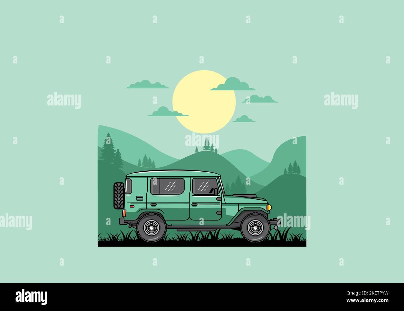 Off road car infront of mountain landscape illustration design Stock ...