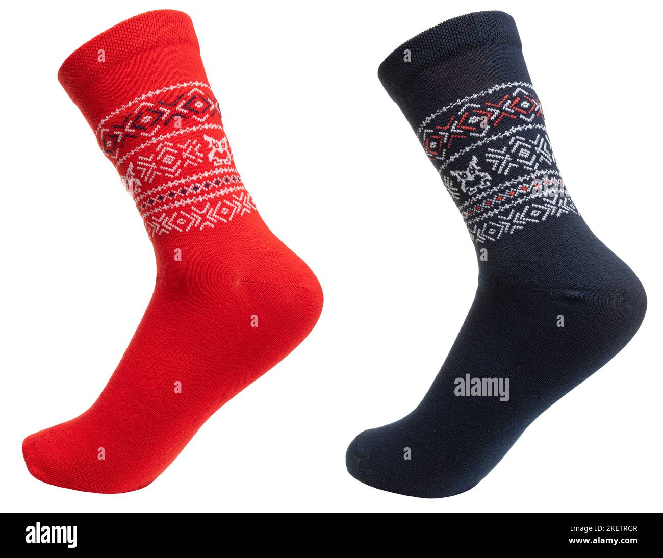 Long blue and red cotton nordic style socks with geometric ornament on ...