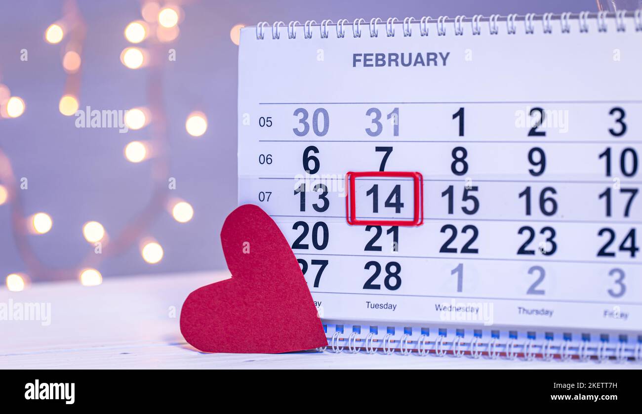 Calendar with the date February 14, a festive background for Valentine ...