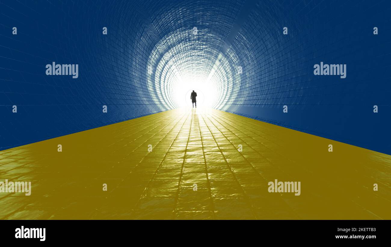 Concept or conceptual blue and yellow tunnel, the Ukrainian flag colors ...