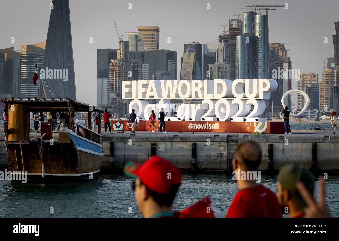 DOHA - The FIFA World Cup logo with West Bay in Doha in the background ...