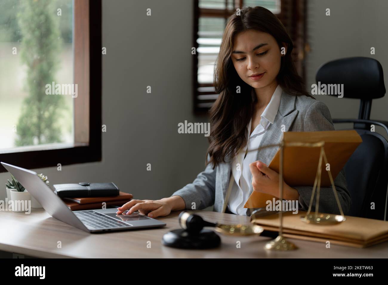 Lawyer business woman working or reading agreement contract in office ...