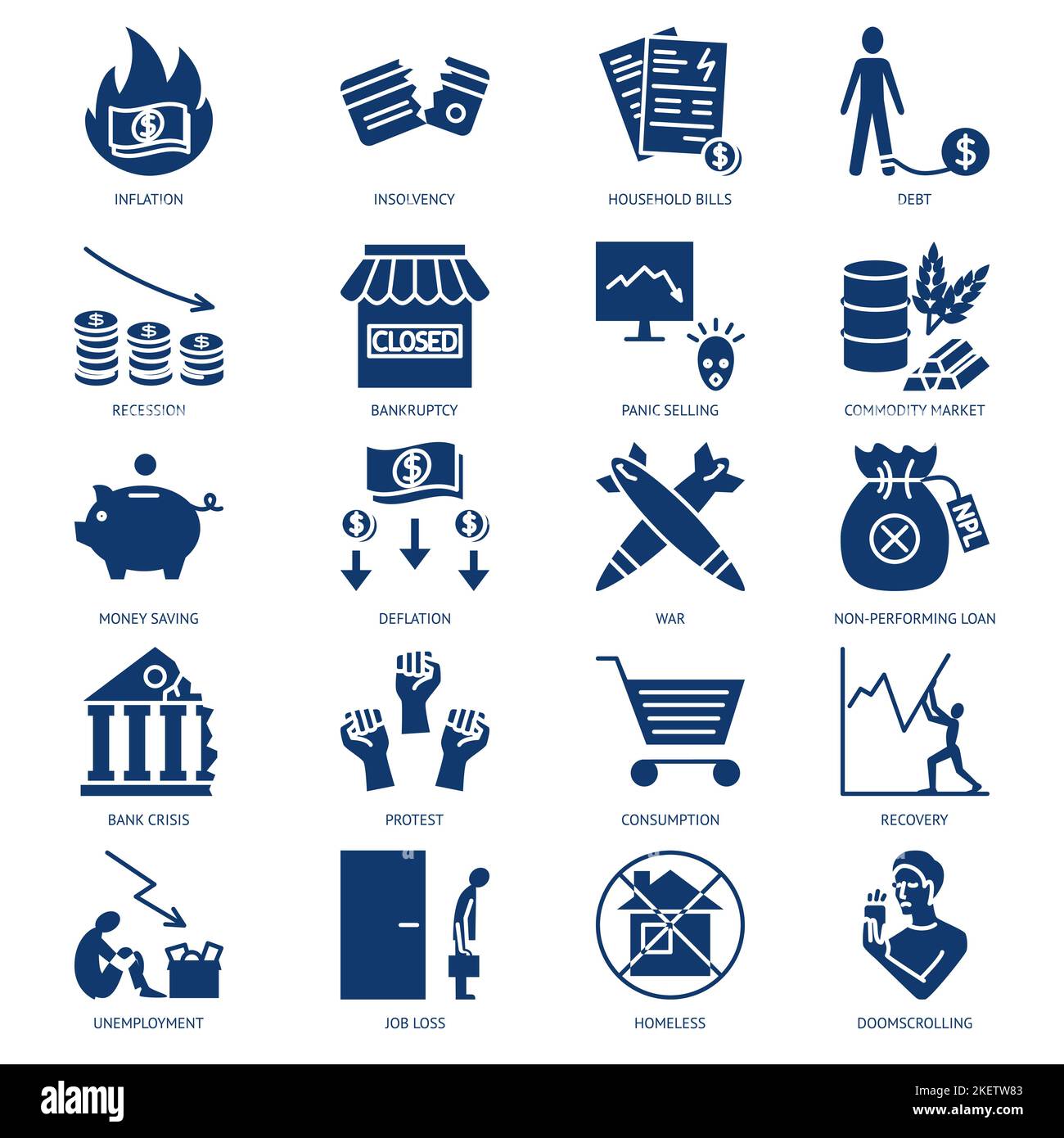 Economic crisis icon set in glyph style. Financial problems, job loss, bankruptcy and insolvency ...