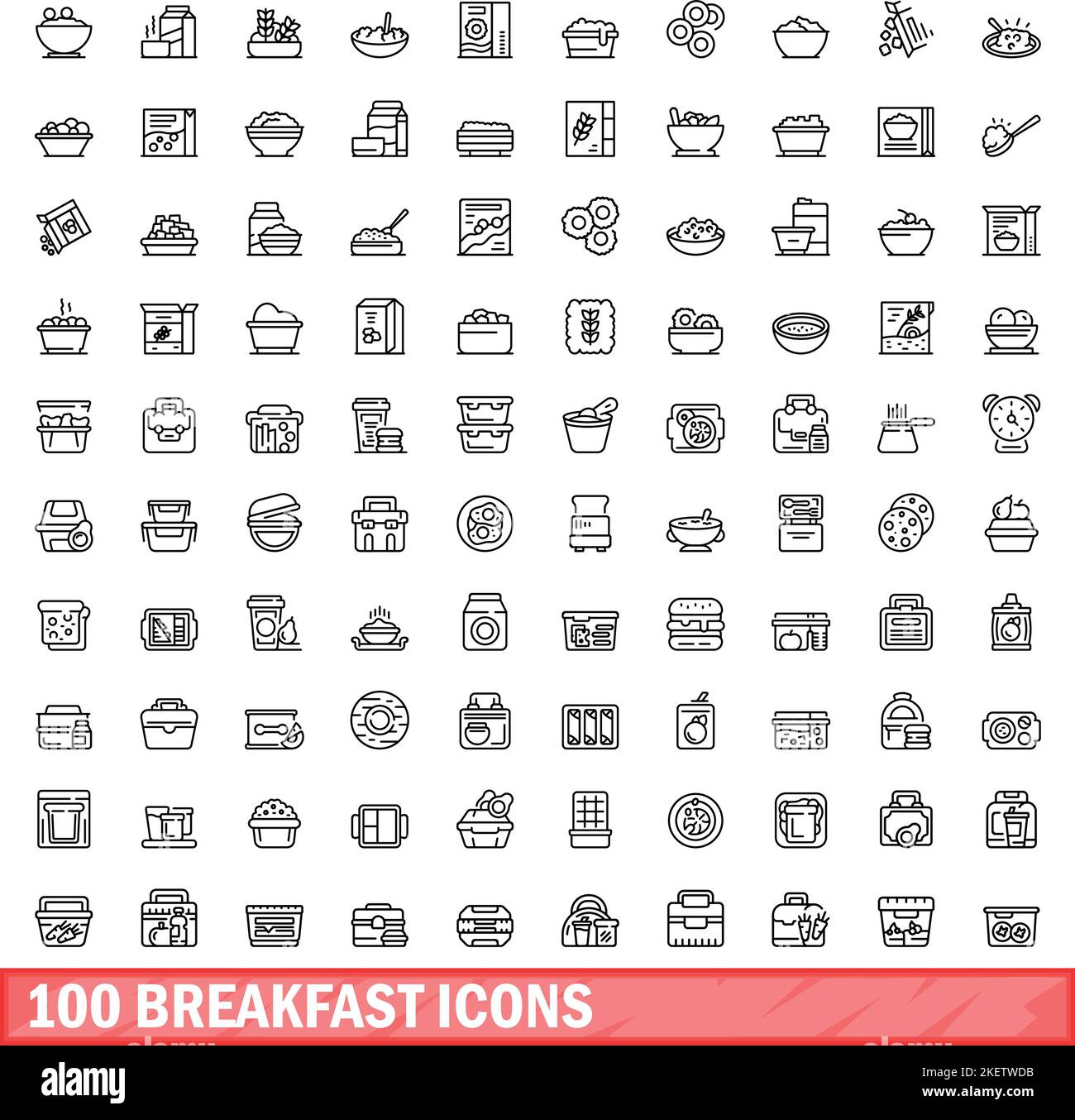100 breakfast icons set. Outline illustration of 100 breakfast icons vector set isolated on ...