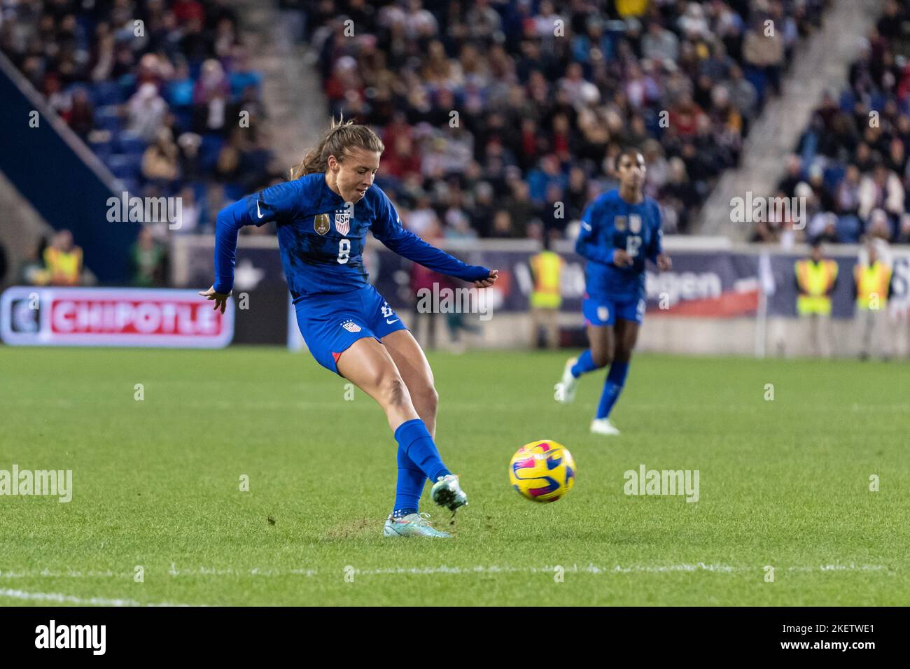 Sofia Huerta (8) of USWNT controls ball during friendly match against ...
