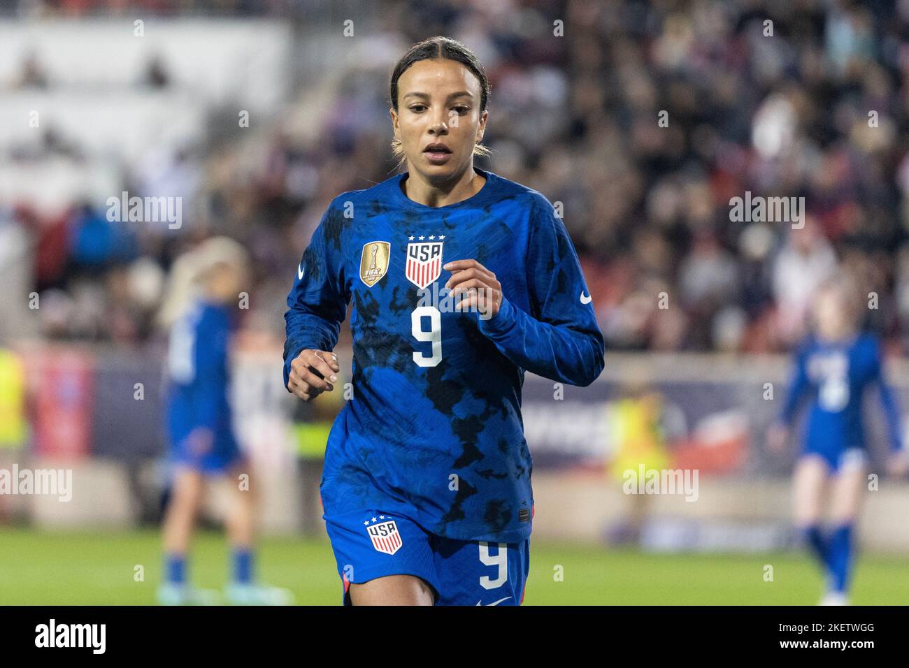 Mallory Pugh (9) of USWNT controls ball during friendly match against ...