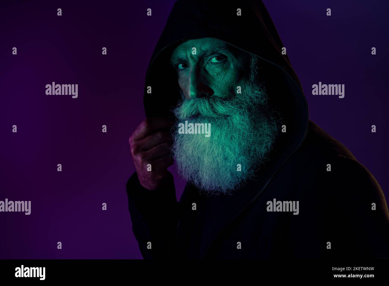 Close up photo of strict retired man wear hoodie robe mysterious look ...