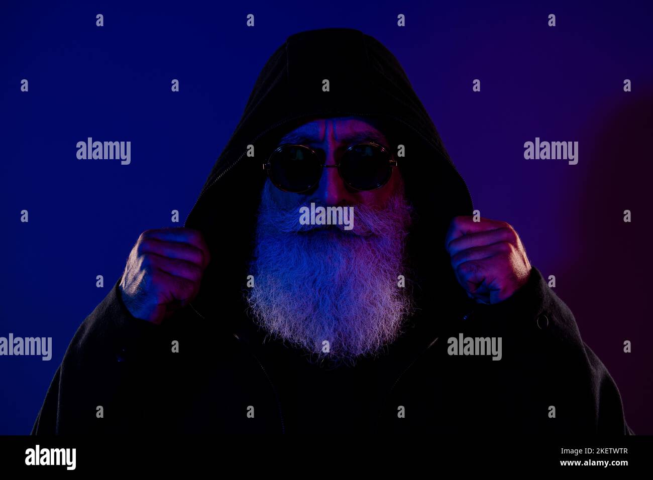Photo of mystic cool retired man dressed black pullover eyewear arms ...