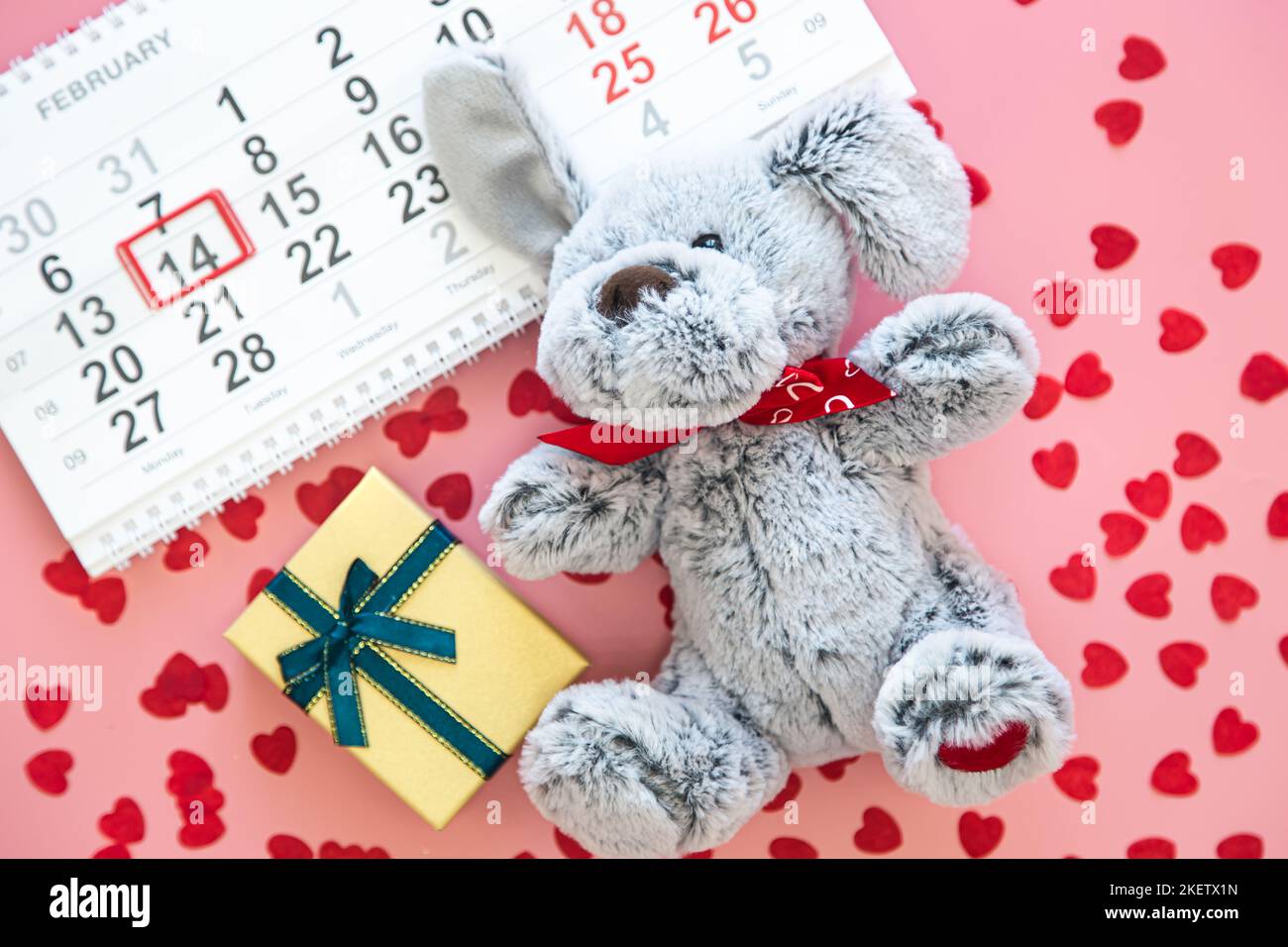 Valentine's Day background, date February 14 on calendar, flat lay, top ...