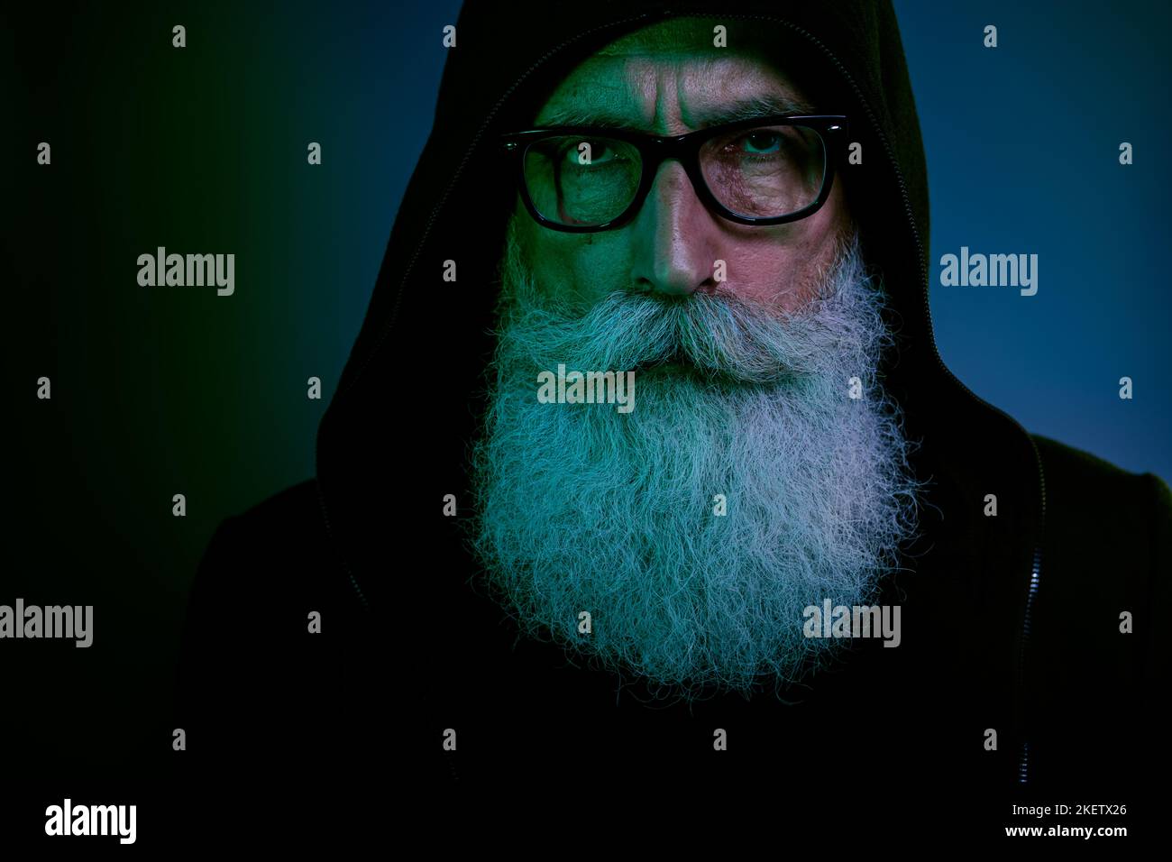 Close up photo of scary senior man negative bad personage hate people ...