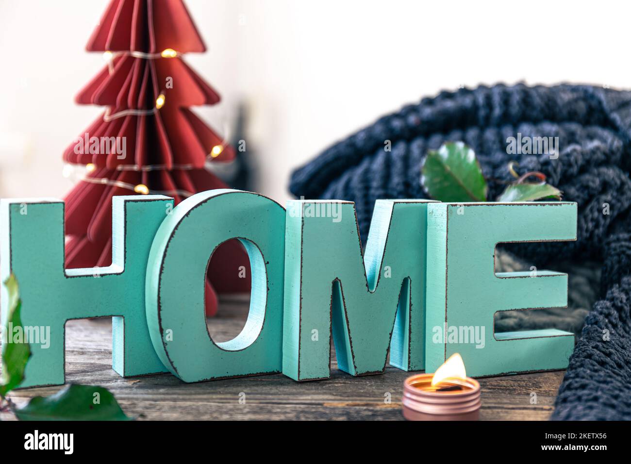 Cozy background with decorative word Home and home decor details Stock ...