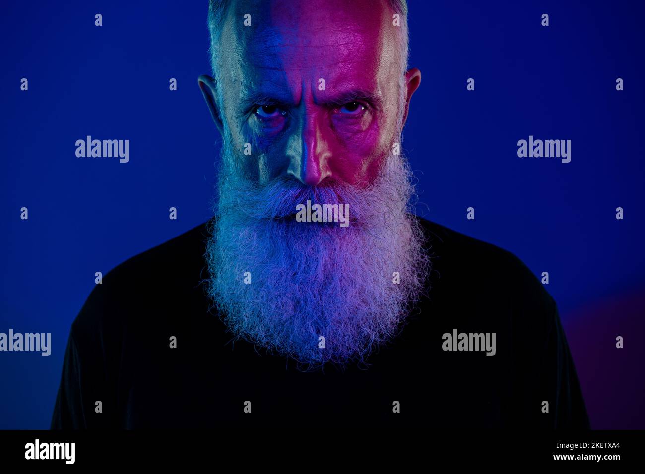 Close up photo of retired cruel man hooligan dissatisfied fun ...