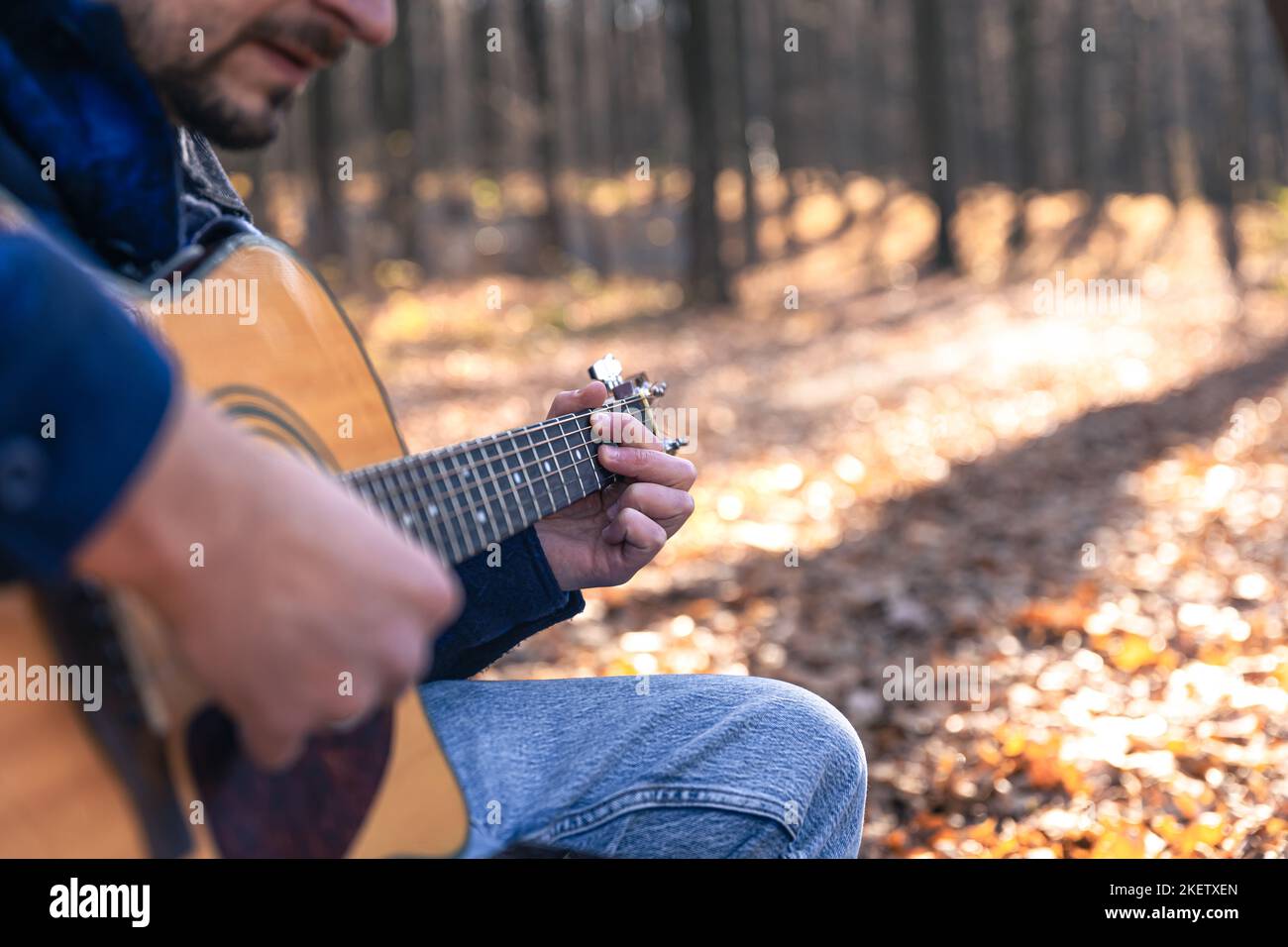 Close-up, a man plays an acoustic guitar in the autumn forest Stock ...