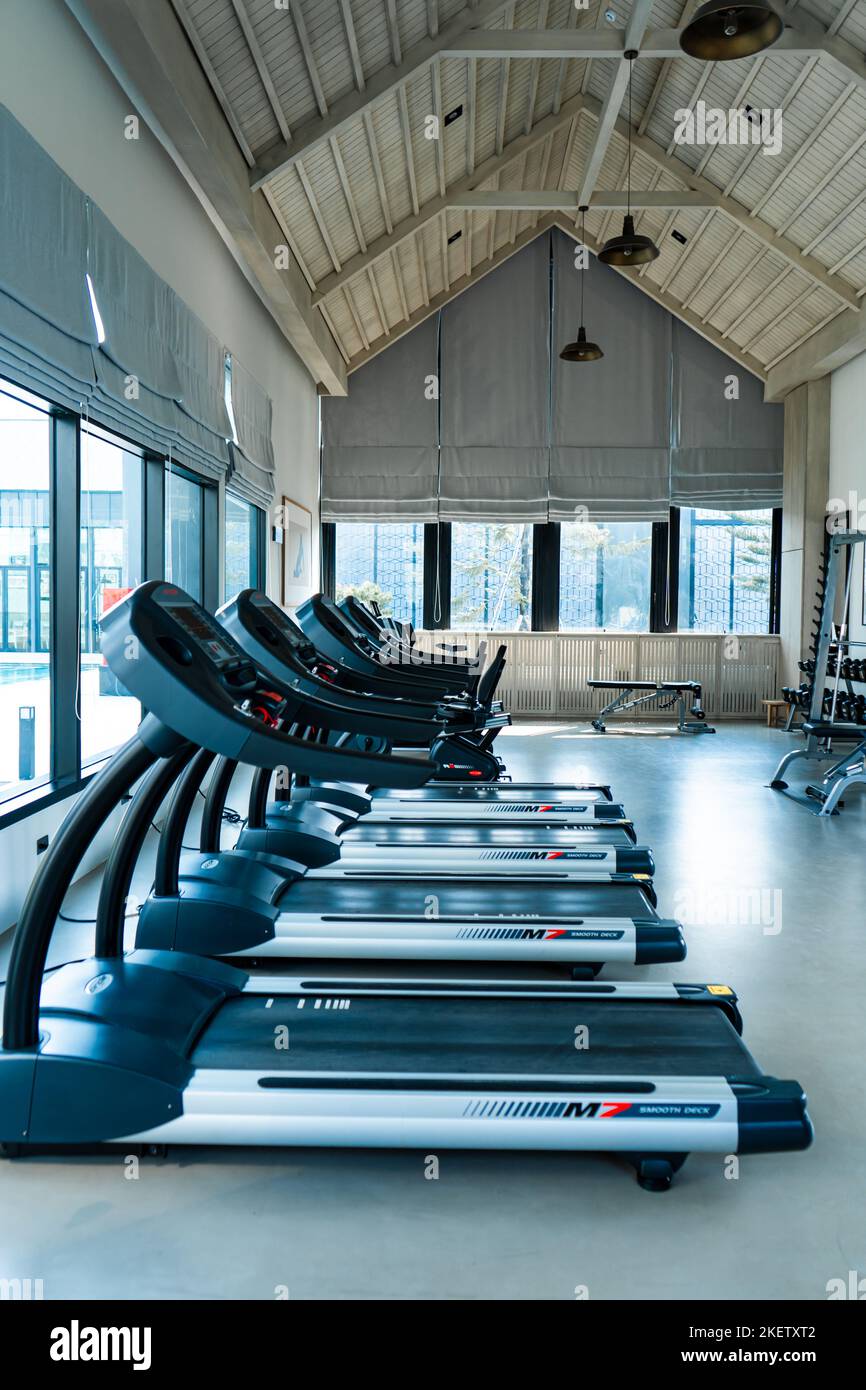 Modern gym interior. Treadmills in row Stock Photo - Alamy