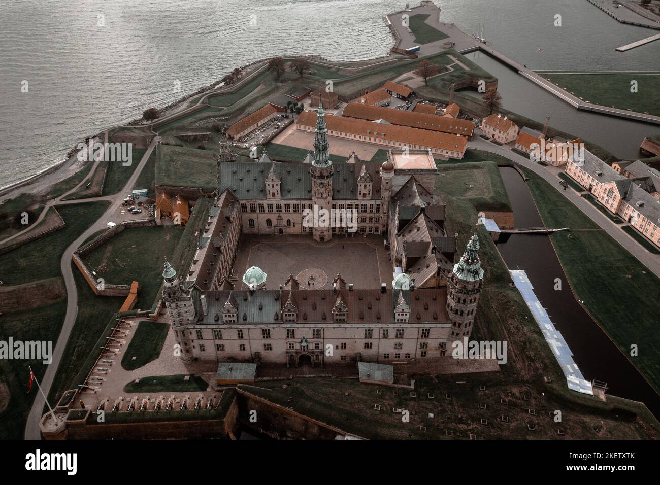 Aerial view of a government palace in a coastal village in Copenhagen ...