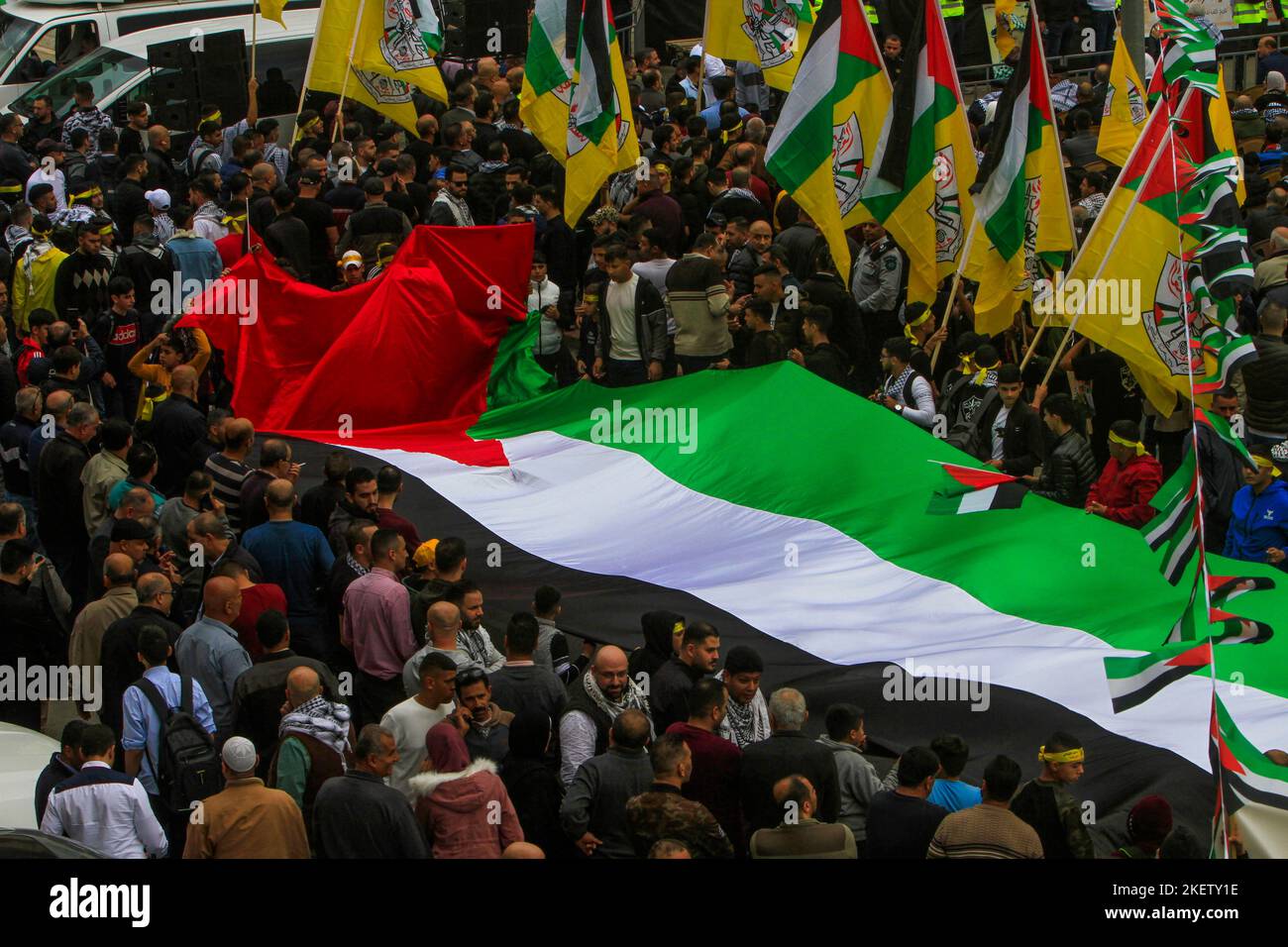 Nablus, Palestine - 14 Nov 2022, Palestinian Fatah movement supporters ...