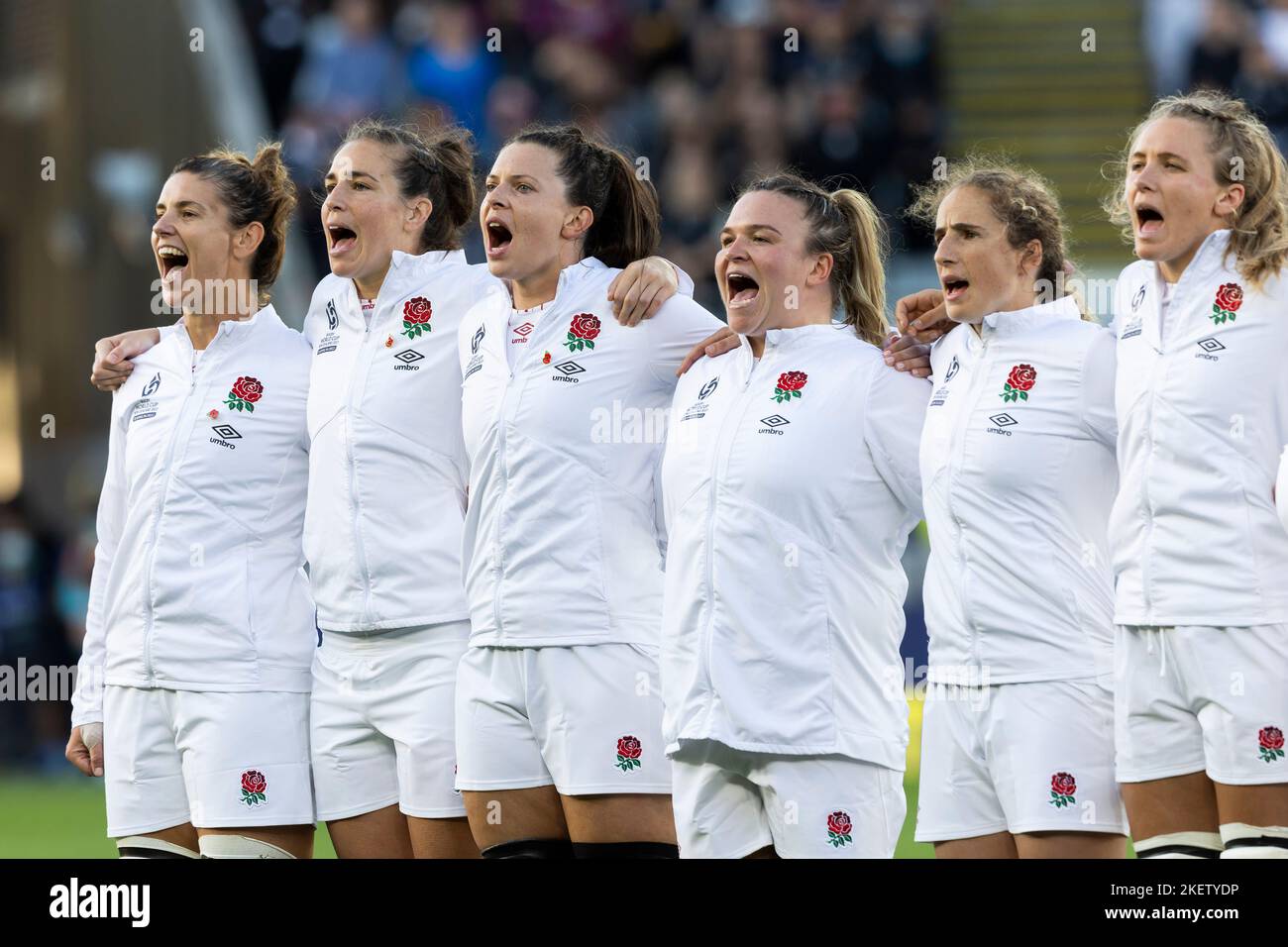 England players sing the national anthem before the Women's Rugby World Cup final match at Eden ...