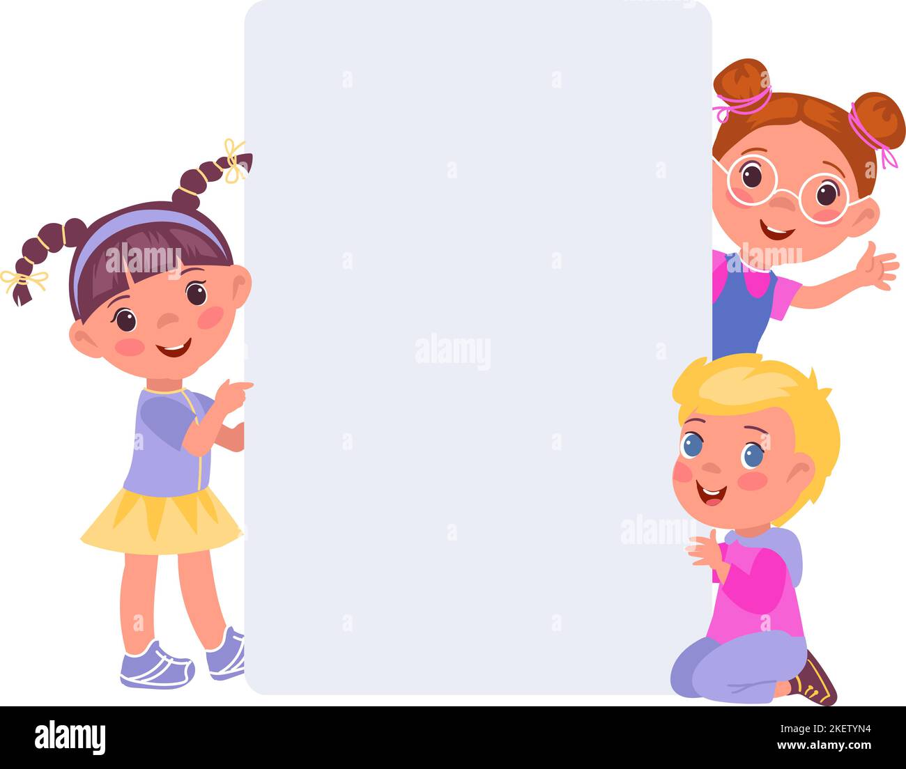 Children with banner. Little boys and girls hold blank surface. Happy ...