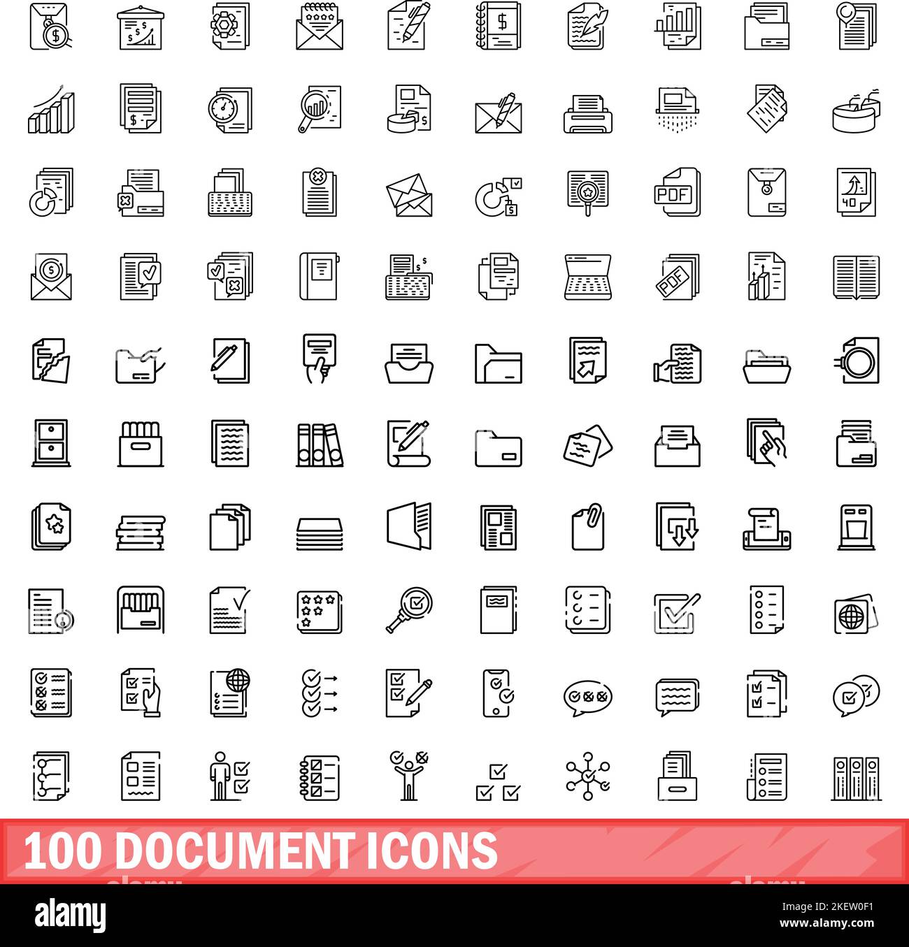 100 document icons set. Outline illustration of 100 document icons ...