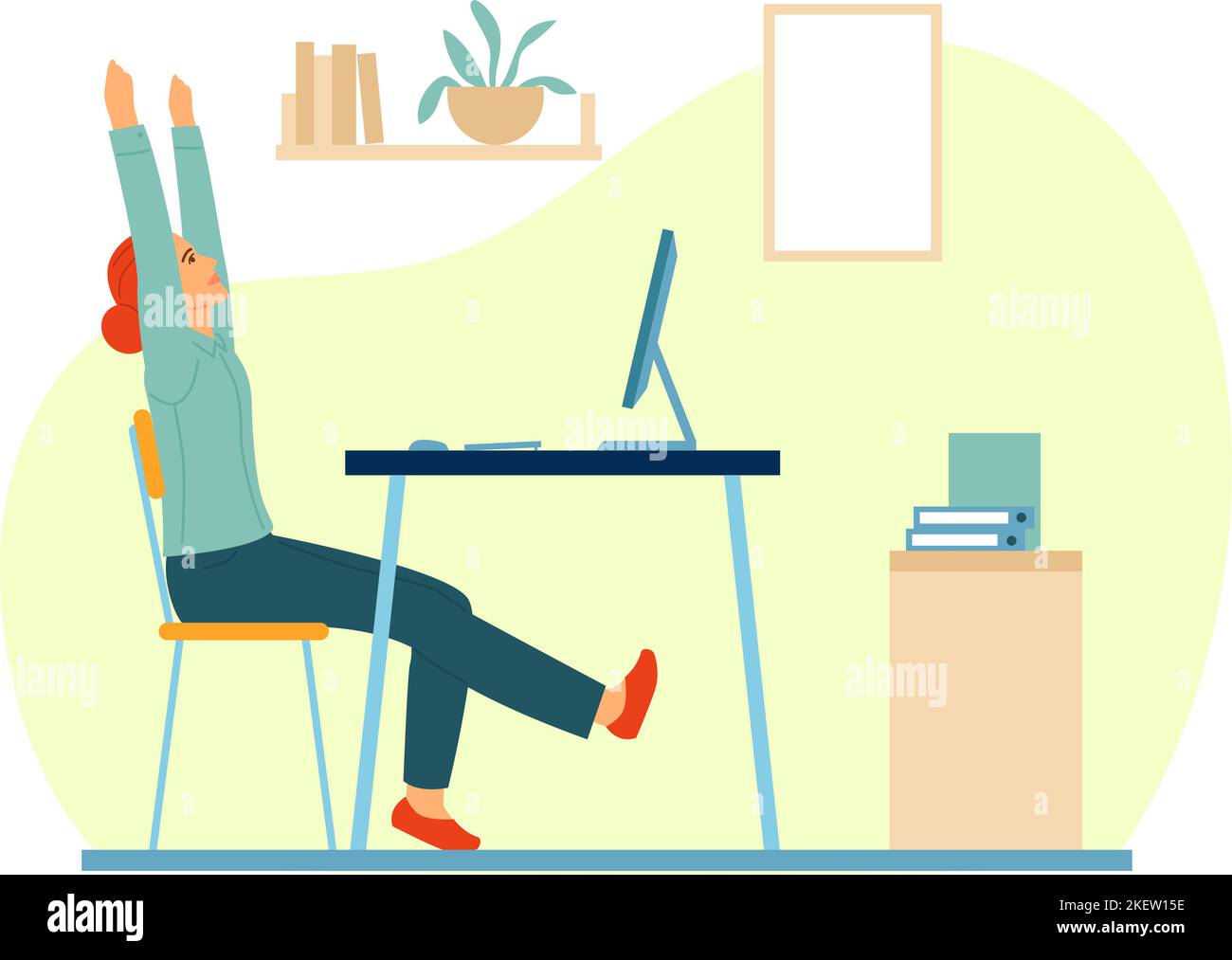 Sitting woman stretching at desktop. Office worker exercise Stock ...