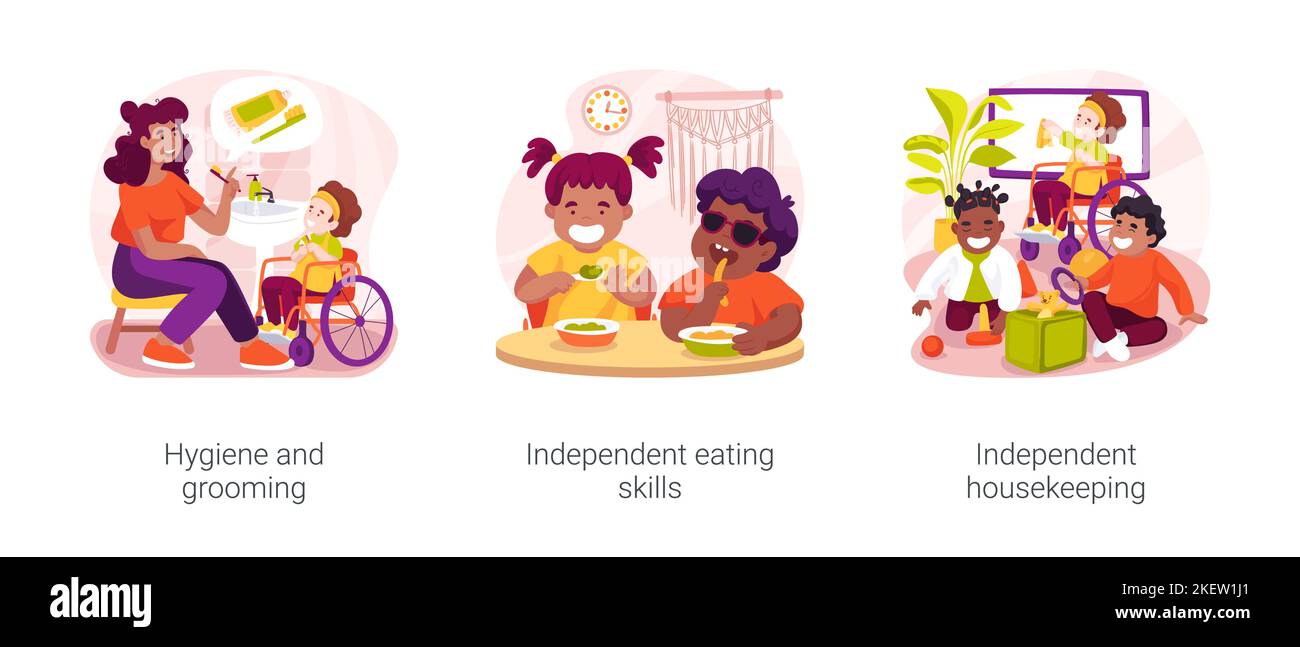 Children with disabilities self-care skills isolated cartoon vector illustration set Stock ...