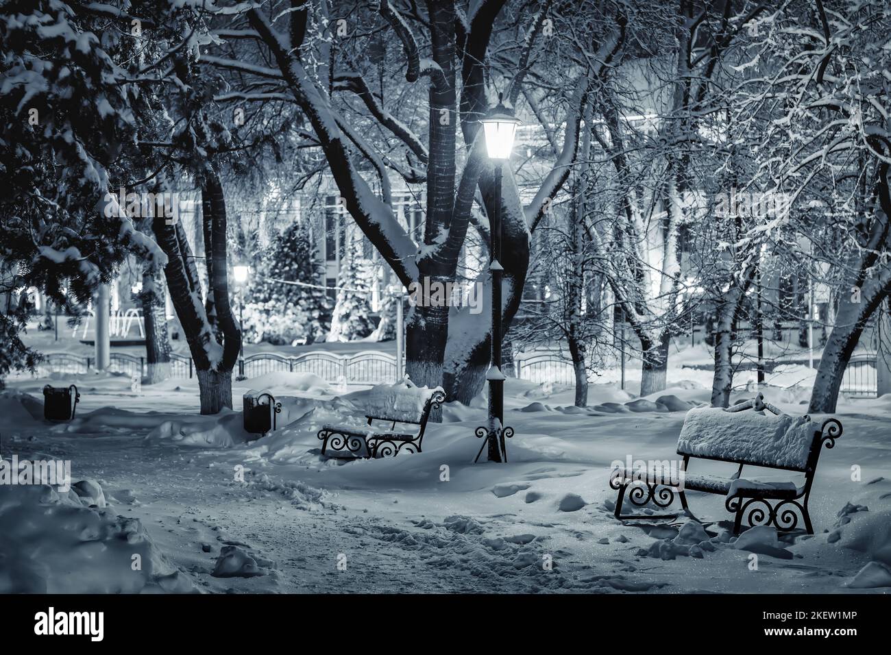 Winter park at night with glowing lanterns, benches, pavement covered ...
