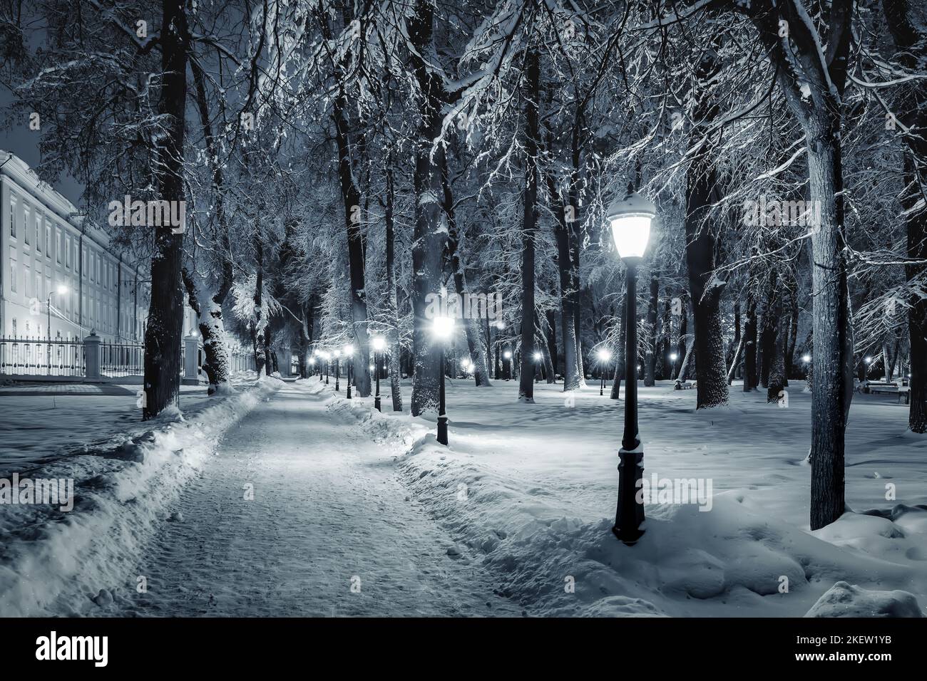 Winter park at night with glowing lanterns, pavement covered with snow ...