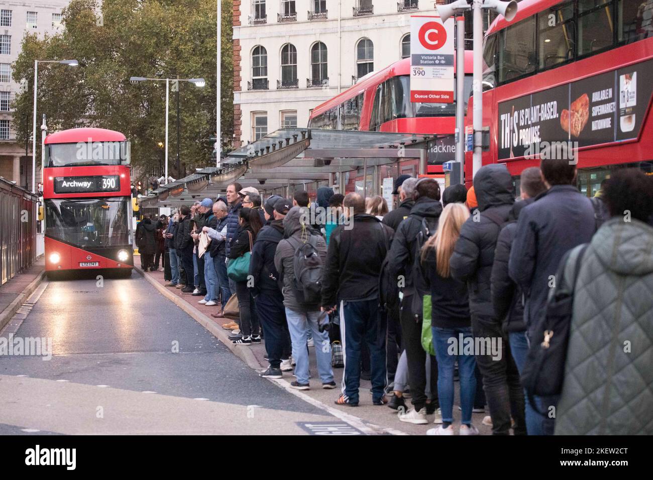 TFL Tube strike takes place today. Pictured: Long bus queues form outside bus stops at London ...